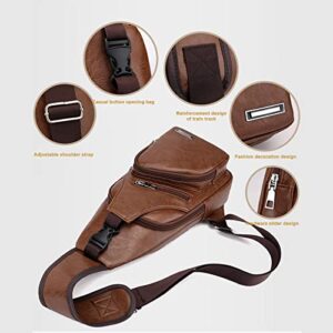 successthop Leather Sling Backpack with USB Charging Port Multi-pocket Chest Bag Travel Gym Sport Hiking (Brown)