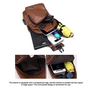 successthop Leather Sling Backpack with USB Charging Port Multi-pocket Chest Bag Travel Gym Sport Hiking (Brown)