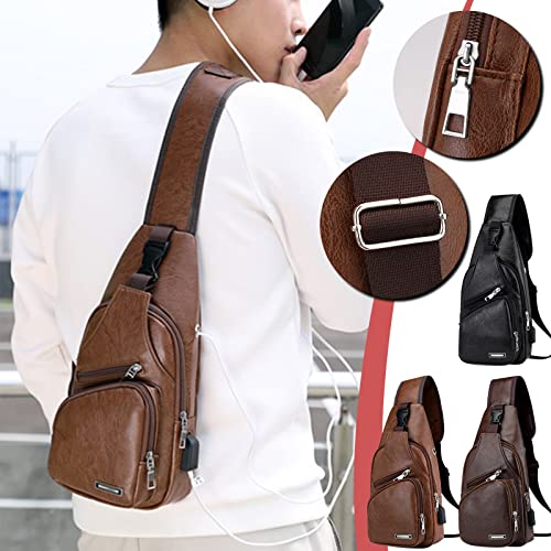 successthop Leather Sling Backpack with USB Charging Port Multi-pocket Chest Bag Travel Gym Sport Hiking (Brown)