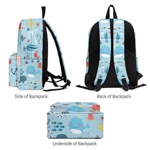 Big Kids School Backpack with Cute Whale Patterned, Classic Lightweight School Bookbags Durable Casual Daypack 17 IN for Middle High School College Students with 15-Inch Laptop Compartment