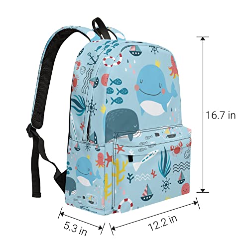 Big Kids School Backpack with Cute Whale Patterned, Classic Lightweight School Bookbags Durable Casual Daypack 17 IN for Middle High School College Students with 15-Inch Laptop Compartment