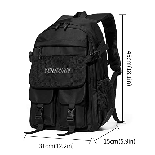 YOUMIAN School Backpack, Teen Girl Boy Middle School High School College Lightweight Student Daily Casual Laptop Bookbag Black