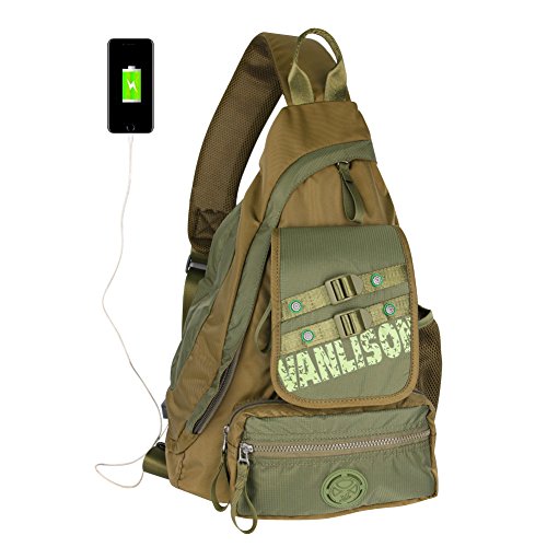 Sling Bag with USB Charging Port, Sling Backpack USB, Larswon Shoulder Backpack, Large Crossbody Bag, Chest Bag Large Army Green