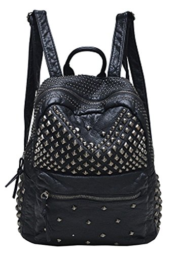 Womens Studded Black Leather Backpack Casual Pack Fashion School Bags for Girls