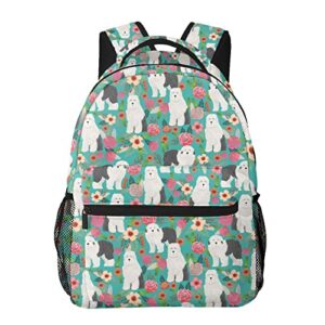 monikar cute old english sheepdog dogs lovers green flower floral animals dog backpack durable waterproof light cozy laptop bag print backpacks for women men teens school bookbag travel birthday gift