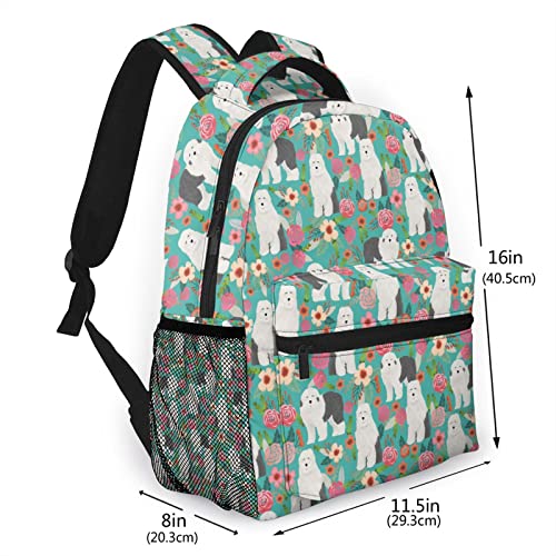 Monikar Cute Old English Sheepdog Dogs Lovers Green Flower Floral Animals Dog Backpack Durable Waterproof Light Cozy Laptop Bag Print Backpacks For Women Men Teens School Bookbag Travel Birthday Gift