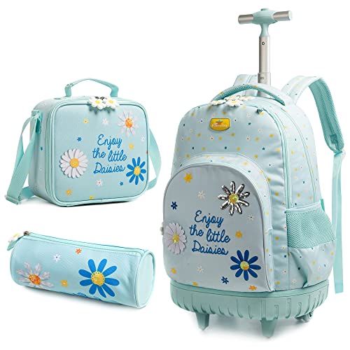 MOHCO Rolling Backpack for Girls 18 inch Cute School Bookbag Set for Kids with Lunch Bag and Pencil Case Wheeled Backpack Blue Daisy