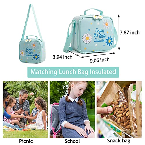 MOHCO Rolling Backpack for Girls 18 inch Cute School Bookbag Set for Kids with Lunch Bag and Pencil Case Wheeled Backpack Blue Daisy