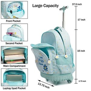 MOHCO Rolling Backpack for Girls 18 inch Cute School Bookbag Set for Kids with Lunch Bag and Pencil Case Wheeled Backpack Blue Daisy