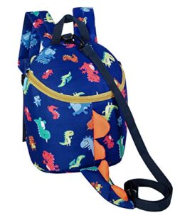 toddler backpack for boys girls kids dinosaur book bags with safety leash (navy blue printing)