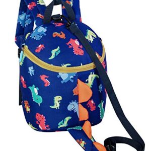 Toddler Backpack for Boys Girls Kids Dinosaur Book Bags with Safety Leash (Navy blue printing)