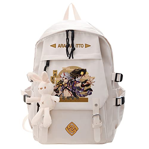 Genshin Impact Arataki Itto Backpack for Men Women Casual Daypack Travel Backpack With Cute Doll of Bunny