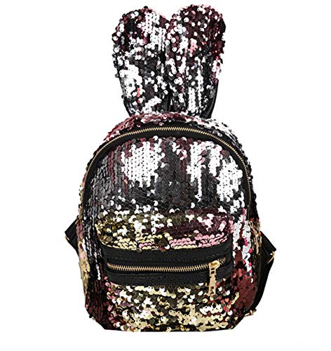 Shoulder Bag For Women With Cute Rabbit Ears Backpack Sequins Shoulder Bag Travel Day pack (Multicolor Gold)