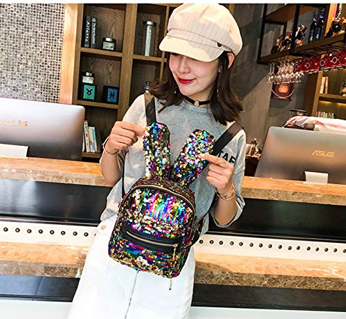 Shoulder Bag For Women With Cute Rabbit Ears Backpack Sequins Shoulder Bag Travel Day pack (Multicolor Gold)