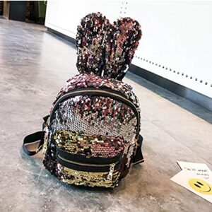 Shoulder Bag For Women With Cute Rabbit Ears Backpack Sequins Shoulder Bag Travel Day pack (Multicolor Gold)