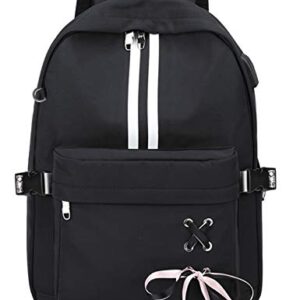 El-fmly Fashion Travel Backpack with Cute Ribbon for Teen Girl Boy School Bookbag with USB Charging Port & Headphone Jack (Black)