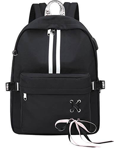 El-fmly Fashion Travel Backpack with Cute Ribbon for Teen Girl Boy School Bookbag with USB Charging Port & Headphone Jack (Black)