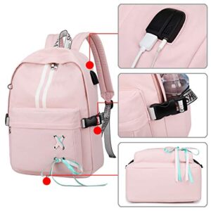 El-fmly Fashion Travel Backpack with Cute Ribbon for Teen Girl Boy School Bookbag with USB Charging Port & Headphone Jack (Black)