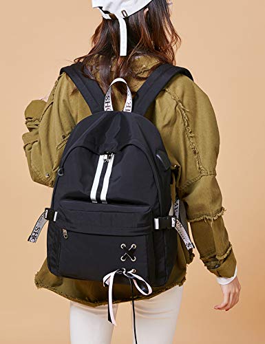 El-fmly Fashion Travel Backpack with Cute Ribbon for Teen Girl Boy School Bookbag with USB Charging Port & Headphone Jack (Black)