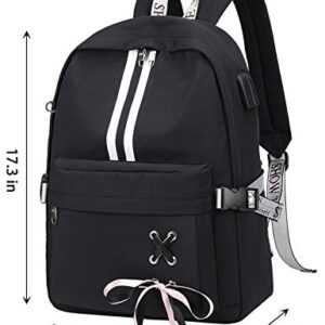 El-fmly Fashion Travel Backpack with Cute Ribbon for Teen Girl Boy School Bookbag with USB Charging Port & Headphone Jack (Black)