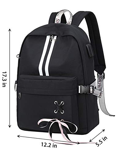 El-fmly Fashion Travel Backpack with Cute Ribbon for Teen Girl Boy School Bookbag with USB Charging Port & Headphone Jack (Black)