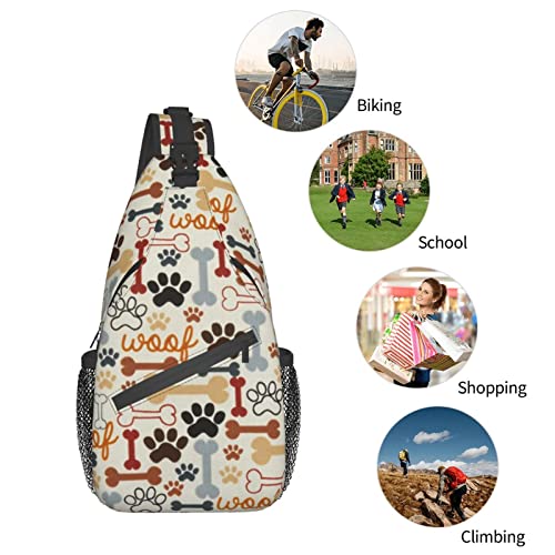 Sling Bag, Dog Paw Prints Bones Print Crossbody Sling Backpack for Casual Shoulder Women and Men