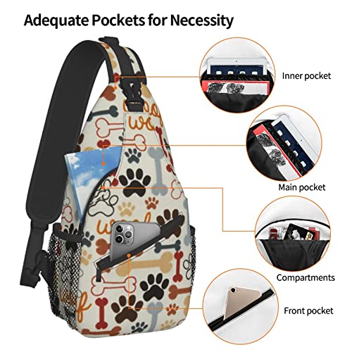 Sling Bag, Dog Paw Prints Bones Print Crossbody Sling Backpack for Casual Shoulder Women and Men