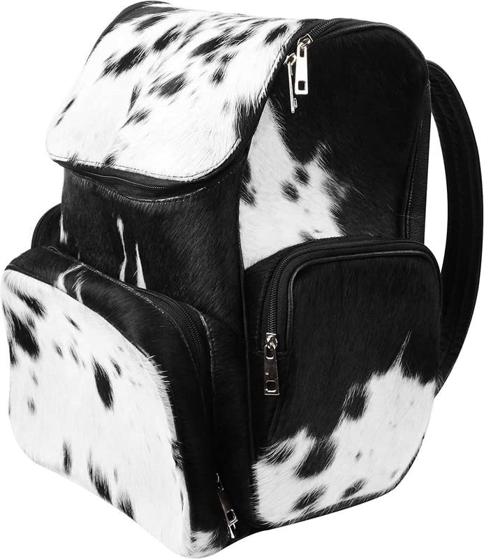 LP-FACON Cowhide Hair Western Leather Cow Skin Print Fur Leather Diaper Backpack Rucksack / Knapsack Travel Shoulder Bag Black & White