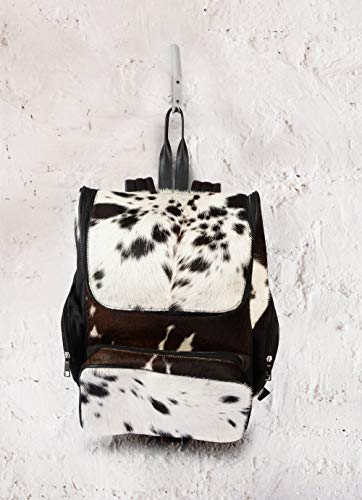 LP-FACON Cowhide Hair Western Leather Cow Skin Print Fur Leather Diaper Backpack Rucksack / Knapsack Travel Shoulder Bag Black & White