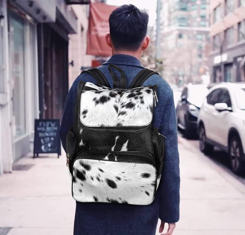 LP-FACON Cowhide Hair Western Leather Cow Skin Print Fur Leather Diaper Backpack Rucksack / Knapsack Travel Shoulder Bag Black & White