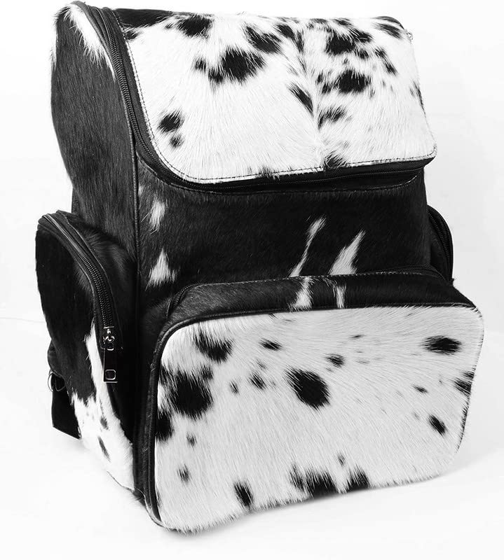 LP-FACON Cowhide Hair Western Leather Cow Skin Print Fur Leather Diaper Backpack Rucksack / Knapsack Travel Shoulder Bag Black & White