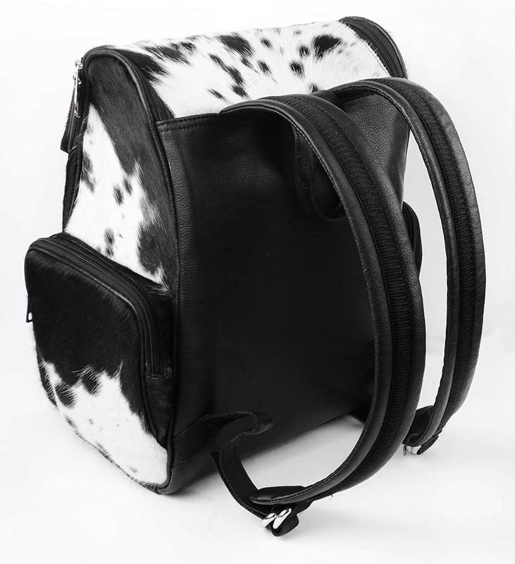 LP-FACON Cowhide Hair Western Leather Cow Skin Print Fur Leather Diaper Backpack Rucksack / Knapsack Travel Shoulder Bag Black & White