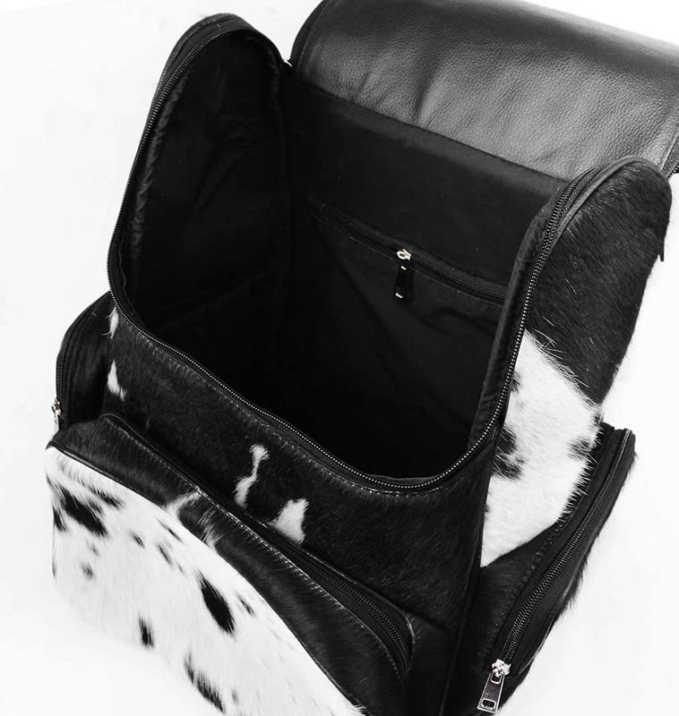 LP-FACON Cowhide Hair Western Leather Cow Skin Print Fur Leather Diaper Backpack Rucksack / Knapsack Travel Shoulder Bag Black & White