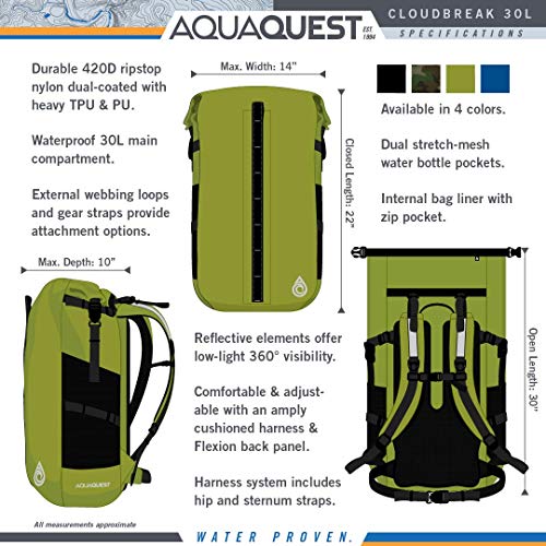 AquaQuest Cloudbreak 30L Backpack - 100% Waterproof Heavy Duty Roll Top Bag - for Hunting, Fishing, Military - Camo