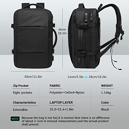 Bange 35L Travel Backpacks Expandable Luggage Backpack USB Charging Port Flight Approved Carry On Backpack With Wet Pocket Water Resistant Business Backpack 17.3in Laptop College Daypack Black Medium