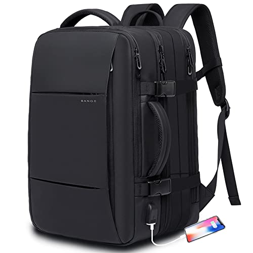 Bange 35L Travel Backpacks Expandable Luggage Backpack USB Charging Port Flight Approved Carry On Backpack With Wet Pocket Water Resistant Business Backpack 17.3in Laptop College Daypack Black Medium