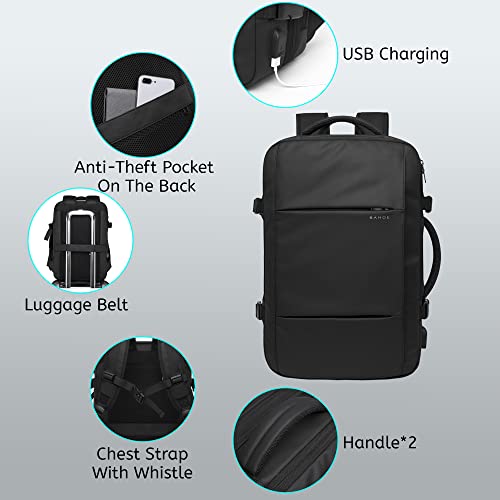 Bange 35L Travel Backpacks Expandable Luggage Backpack USB Charging Port Flight Approved Carry On Backpack With Wet Pocket Water Resistant Business Backpack 17.3in Laptop College Daypack Black Medium