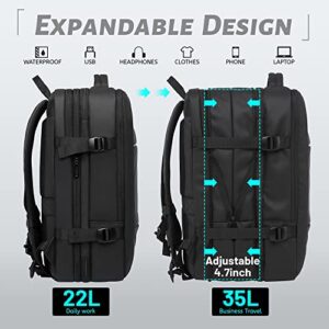 Bange 35L Travel Backpacks Expandable Luggage Backpack USB Charging Port Flight Approved Carry On Backpack With Wet Pocket Water Resistant Business Backpack 17.3in Laptop College Daypack Black Medium