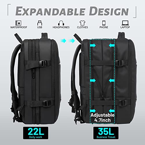 Bange 35L Travel Backpacks Expandable Luggage Backpack USB Charging Port Flight Approved Carry On Backpack With Wet Pocket Water Resistant Business Backpack 17.3in Laptop College Daypack Black Medium