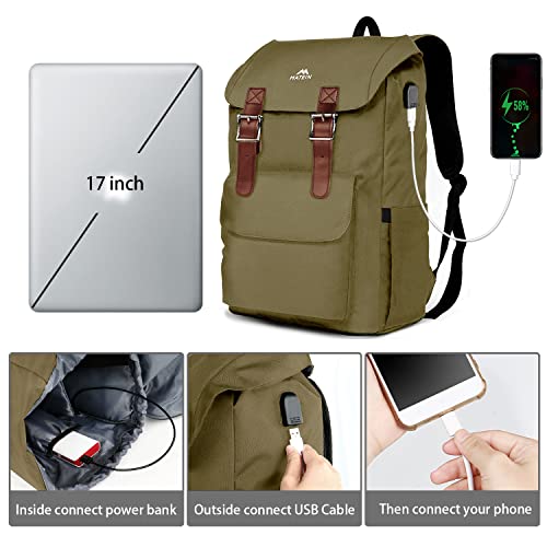 MATEIN Vintage Backpack Travel Laptop Backpack with usb Charging Port for Women & Men School College Students Backpack Fits 17.3 Inch Laptop Green