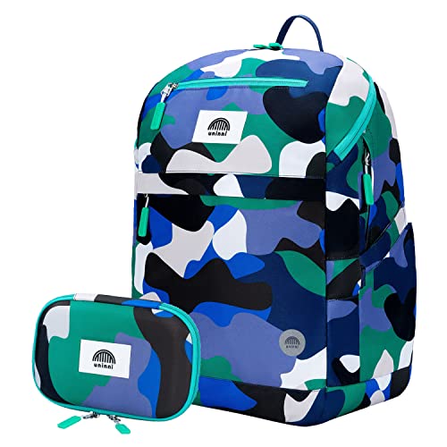 uninni Camouflage Blue 16'' Kids Backpack with Cute Pencil Case, Lightweight, School and Travel Storage Organizer