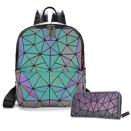 Orita Luminous Geometric Lattice Backpack Fashion Holographic Reflective Backpacks and Purse Set of 2