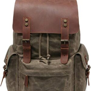 MUMAIS Military Style Waxed Canvas Backpack Laptop Genuine Leather(Oil Wax Waterproof) School Bag Vintage Computer Backpack For Men&Women,Professional Outdoor Hiking Travel Shoulder(Army Green)