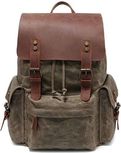 MUMAIS Military Style Waxed Canvas Backpack Laptop Genuine Leather(Oil Wax Waterproof) School Bag Vintage Computer Backpack For Men&Women,Professional Outdoor Hiking Travel Shoulder(Army Green)