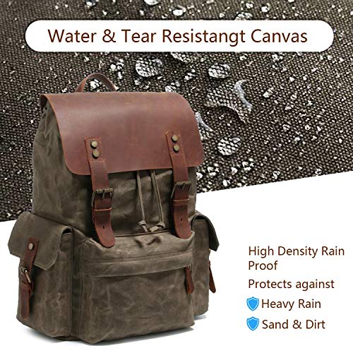 MUMAIS Military Style Waxed Canvas Backpack Laptop Genuine Leather(Oil Wax Waterproof) School Bag Vintage Computer Backpack For Men&Women,Professional Outdoor Hiking Travel Shoulder(Army Green)