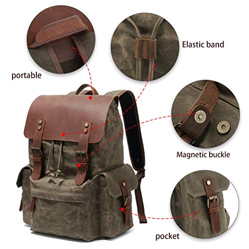 MUMAIS Military Style Waxed Canvas Backpack Laptop Genuine Leather(Oil Wax Waterproof) School Bag Vintage Computer Backpack For Men&Women,Professional Outdoor Hiking Travel Shoulder(Army Green)