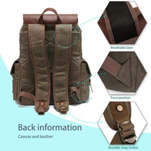 MUMAIS Military Style Waxed Canvas Backpack Laptop Genuine Leather(Oil Wax Waterproof) School Bag Vintage Computer Backpack For Men&Women,Professional Outdoor Hiking Travel Shoulder(Army Green)