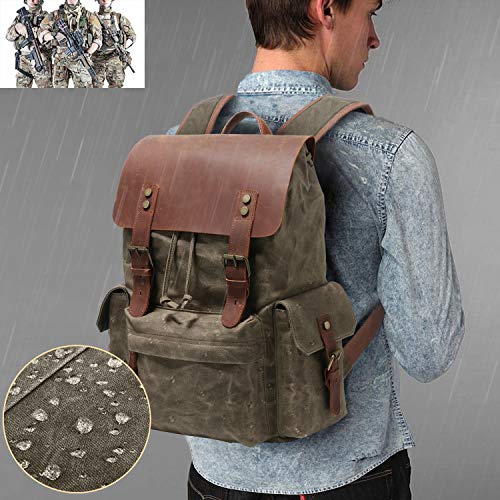 MUMAIS Military Style Waxed Canvas Backpack Laptop Genuine Leather(Oil Wax Waterproof) School Bag Vintage Computer Backpack For Men&Women,Professional Outdoor Hiking Travel Shoulder(Army Green)