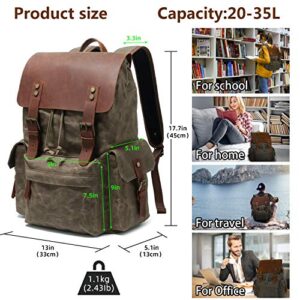 MUMAIS Military Style Waxed Canvas Backpack Laptop Genuine Leather(Oil Wax Waterproof) School Bag Vintage Computer Backpack For Men&Women,Professional Outdoor Hiking Travel Shoulder(Army Green)