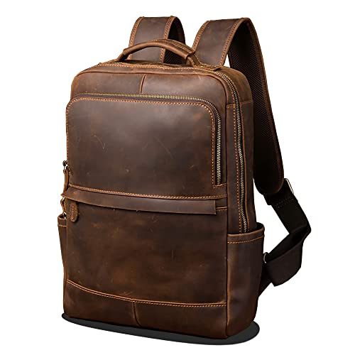 PAHVRION Vintage Genuine Leather 15.6 Inch Laptop Backpack, Hiking Travel Bag Anti Theft Camping Daypack School College Bookbag